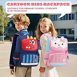 ASKSKY Kids Backpack for Girls, Kawaii Cartoon School Backpack Wide Open Bookbag for 5-10 years old with Reflective Strip, Blue Kitty