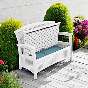 Suncast Elements Stylish Lightweight Loveseat Outdoor Seating with Convenient Built In Universal Storage, and All Weather Plastic, White