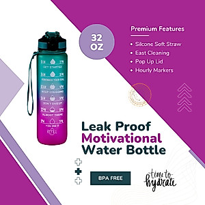 32 oz Water Bottle with Times to Drink and Straw. With Clearly Marked Times To Drink Throughout The Day And a Convenient Straw For Spill-Proof Sipping, Track Your Water Intake and Stay Hydrated.