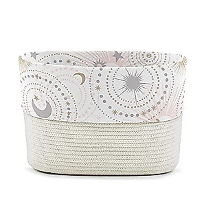 Sweet Jojo Designs Blush Pink Gold Star Moon Girl Woven Storage Basket Decorative Cotton Rope Lined Bin Baby Nursery Kids Bedroom Toys Closet Shelf Organizer Grey Celestial Sky Stars Gray Shabby Chic