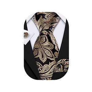 Barry.Wang Paisley Tie Set Hanky Cufflink Silk Gold Neckties