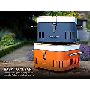 Everdure Cube Portable Charcoal Grill, Tabletop BBQ, Perfect Tailgate, Beach, Patio, or Camping Grill, Lightweight & Compact Small Grill with Preparation Board & Food Storage Tray, Khaki