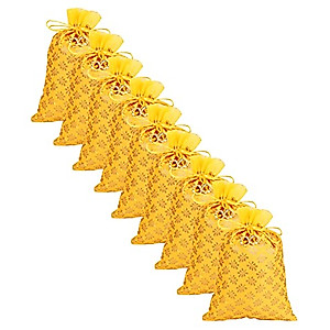 Touchstone Drawstring Bags Traditional Indian Handcrafted in Mimosa leaf Pattern Brocade fabric. Perfect for Gifts Jewelry Weddings Sweet Distribution Set of 9 Vibrant Yellow Pouches Purses Potli.