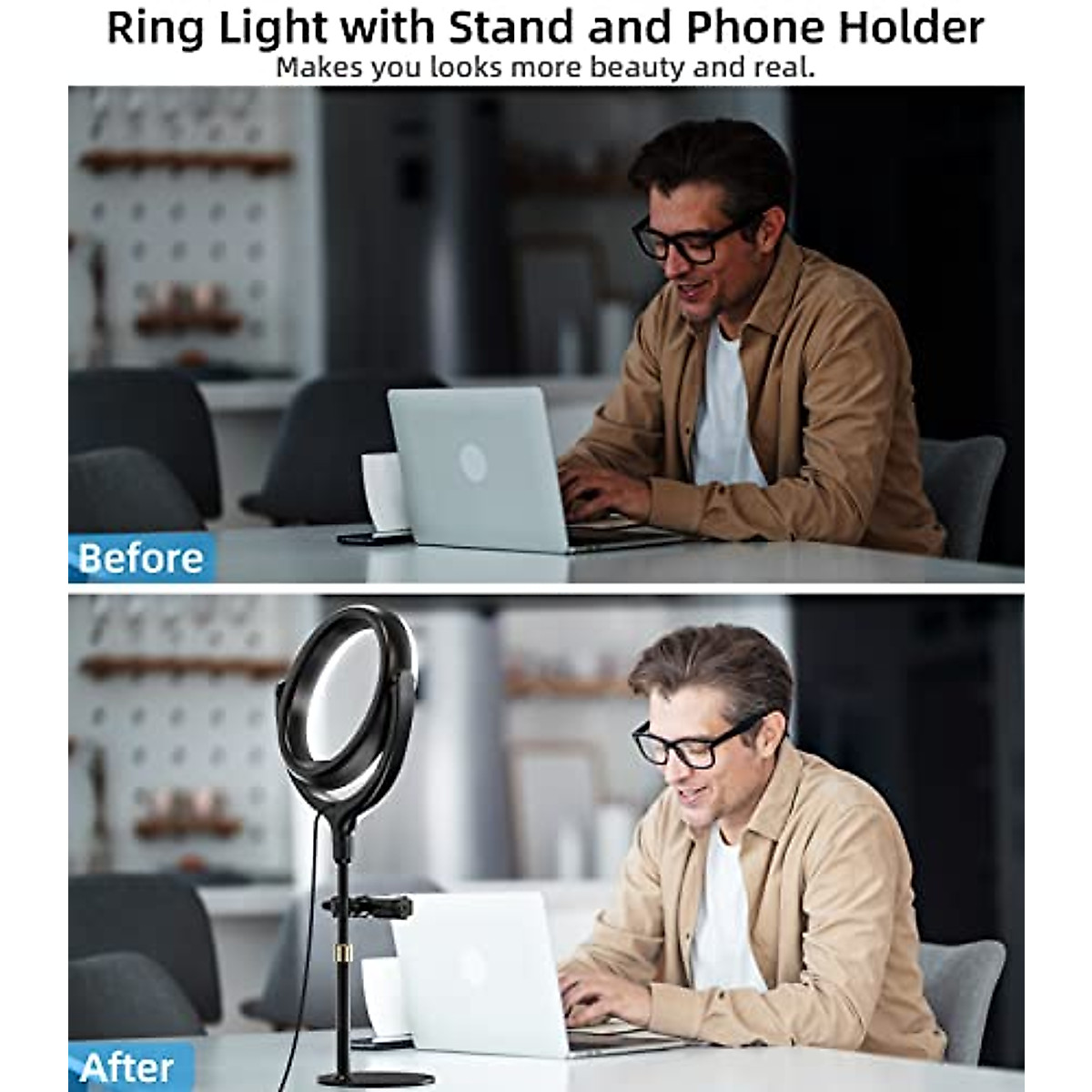 Ring Light with Stand and Phone/Ipad Holder, 10.5'' Desk Zoom Lighting for Computer, Laptop Light for Video Conferencing, Zoom Meetings, Live Streaming, Makeup, Video Calls, Vlog, YouTube, TikTok