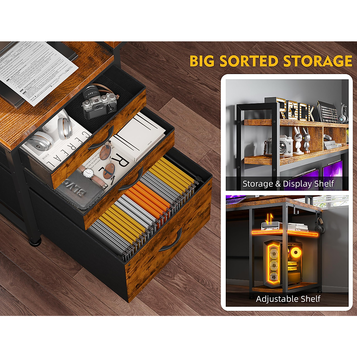 EnHomee L Shaped Desk with Drawers Large L Shaped Gaming Desk with LED & Storage Shelf Reversible Gaming Desk with Monitor Stand Power & Outlet Wide Home Office Desks with File Cabinet Brown