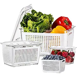 LUXEAR Vegetable Containers for Fridge Produce Saver Container Fruit Storage Organizer 3 Pack BPA-Free Fridge Organize Containerswith Lid & Colander for Salad Lettuce Berry Storage Stay Fresh