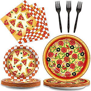 Pizza Party Supplies Tableware Set for 24 Guests Pizza Birthday Party Paper Plates Napkins Decorations for Kids Boys Girls Baby Shower