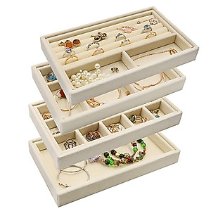 MINGRI Jewelry Organizer Trays,Earring Holder Tray Stackable Velvet Drawer Organizer Tray for Necklace,Ring,Bracelet Brooch Watch,Jewelry Storage Display Case Insert for Women Girls Set of 4 (Beige)