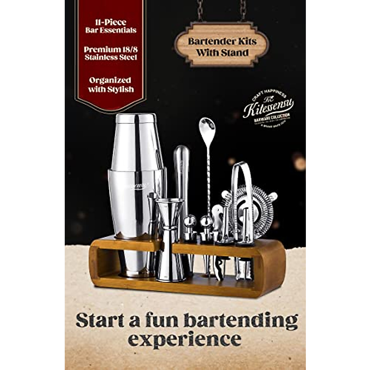 KITESSENSU Mixology Bar Kit with Stand | Complete 11-Piece Cocktail Shaker Set Bar Set for Inspired Drink Mixing Experience | Bartender Accessories for Home Bar Tools Set with Recipes Booklet
