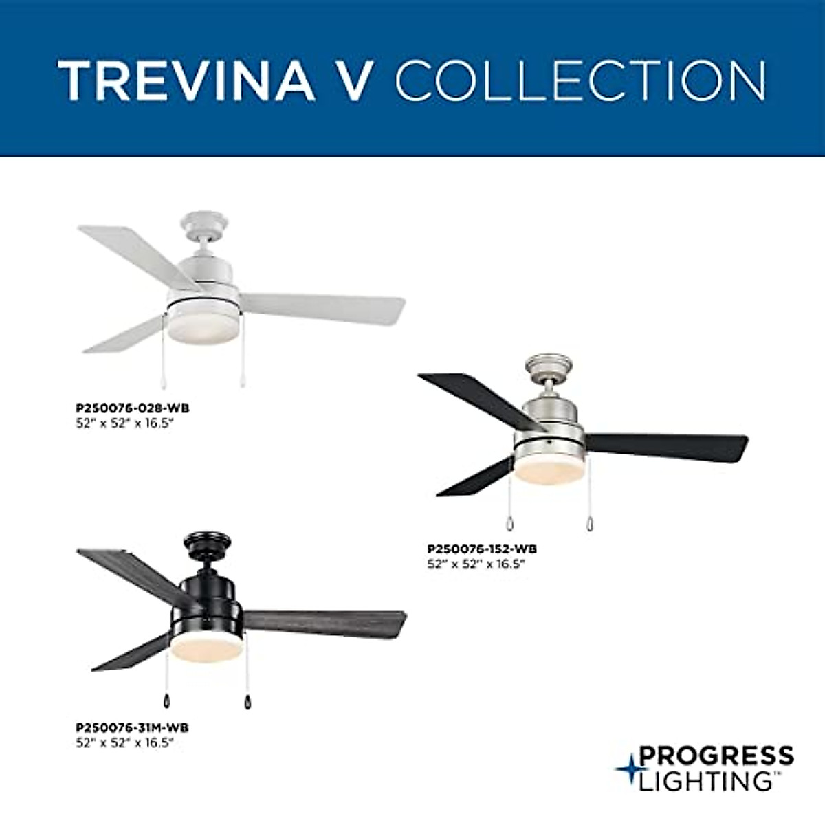 Progress Lighting P250076-31M-WB Trevina V 3-Blade Modern Indoor Ceiling Fan Matte Black with Light Kit and White Opal Shade