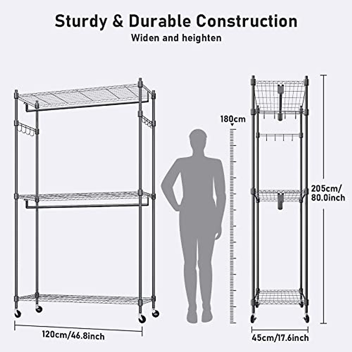 Heavy Duty Garment Rack on Wheels, Portable Clothes Racks for hanging clothes, Simple Sturdy Wardrobe Rack with Double Hanging Bar, 2 Hanger Hooks - Hold Up to 400Lbs (Black, 2Rod 2Hook)