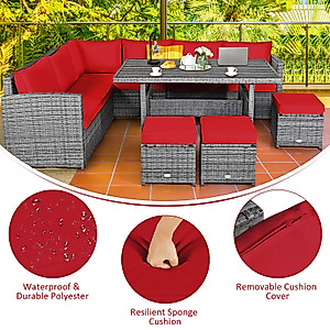 Tangkula 7 Pieces Patio Furniture Set, Outdoor Sectional Rattan Sofa Set with Cushions, All Weather Wicker Conversation Couch Set w/Dining Table & Ottomans for Backyard Garden Poolside