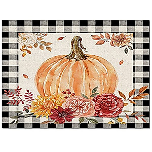 2'x3' Fall Thanksgiving Area Rug,Outdoor Indoor Washable Carpet Area+Rug for Living Room,Boys/Girls Bedroom,Bathroom,Classroom,Kitchen,Hallway,Throw Floor Mat Autumn Pumpkin Flower Leaves Plaid Check