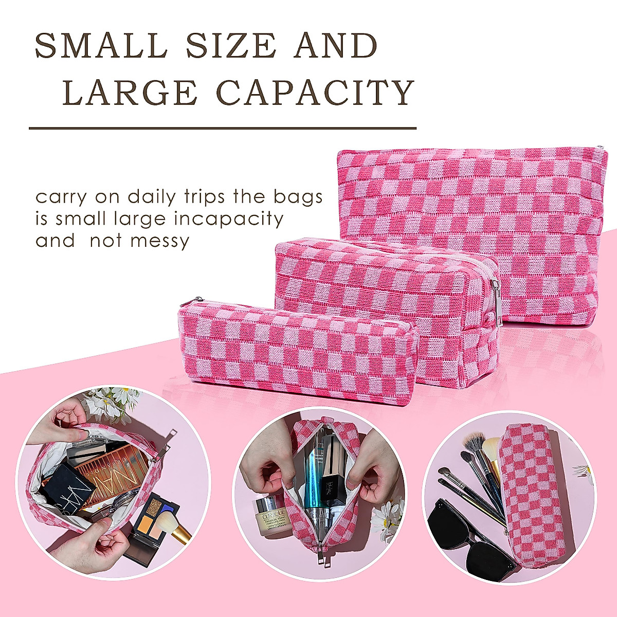 Jeeoy Large Capacity Makeup Bag Set Pink Checkered Makeup Bags 3 Pieces Canvas Travel Makeup Bag Organizer Travel Toiletry Bag Storage Bag for Women