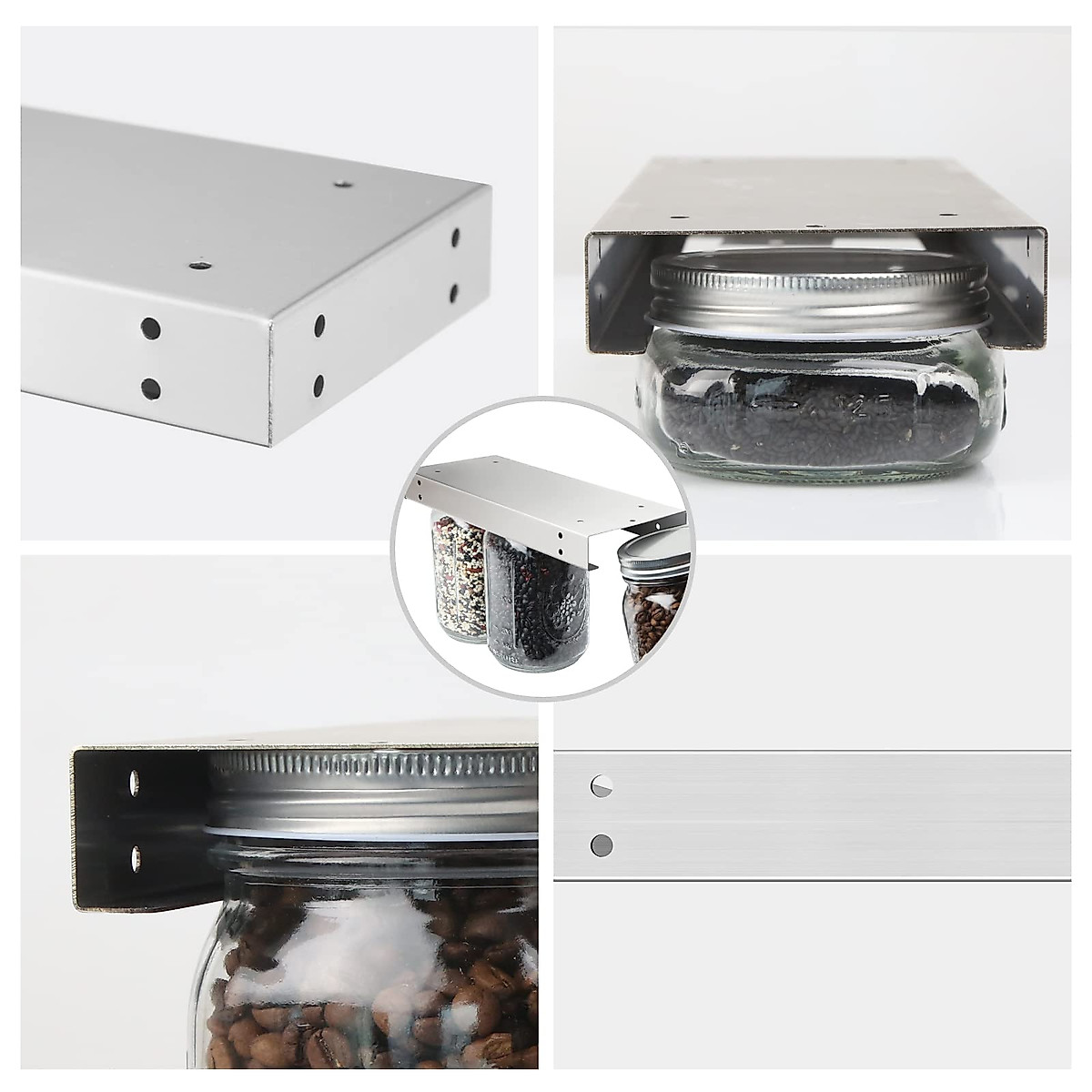 YEEPON mason jar racks, mason jar holders,mason jar holders for hanging,Stainless Steel Holder with 3 Mounting Options for Kitchen, Shelves and Cabinets,Wide Mouth（2Pack