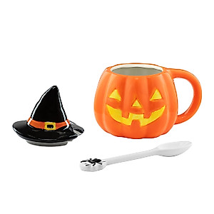 Mr. Halloween Ceramic Jack O Lantern Coffee Mug with Spoon | Trick or Treat Tea Cup with Lid, Orange, 18 Ounces