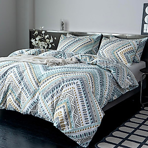 Boho Duvet Cover King, 3 Pieces Boho King Bedding Set, Ethnic Yellow White Green Louvre Bohemian Pattern Duvet Covers, 100% Cotton, Luxury Soft Breathable Comfy with Zipper Closure