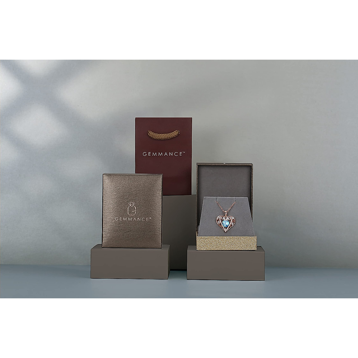 GEMMANCE 5 Heart Crystal Pendant Necklace - 925 Sterling Silver Chain - 18K Rose Gold Plated - Aqua Blue - 18”+2” Birthstone Jewelry for Women - Gifts for Birthday, Christmas