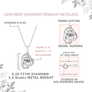 Femme Luxe 0.20 carats Love Knot Diamond Pendant Locket Necklace for Women, 925 Sterling Silver, Dainty and Hypoallergenic, 18inch box chain, Jewelry with Gift Ready Box