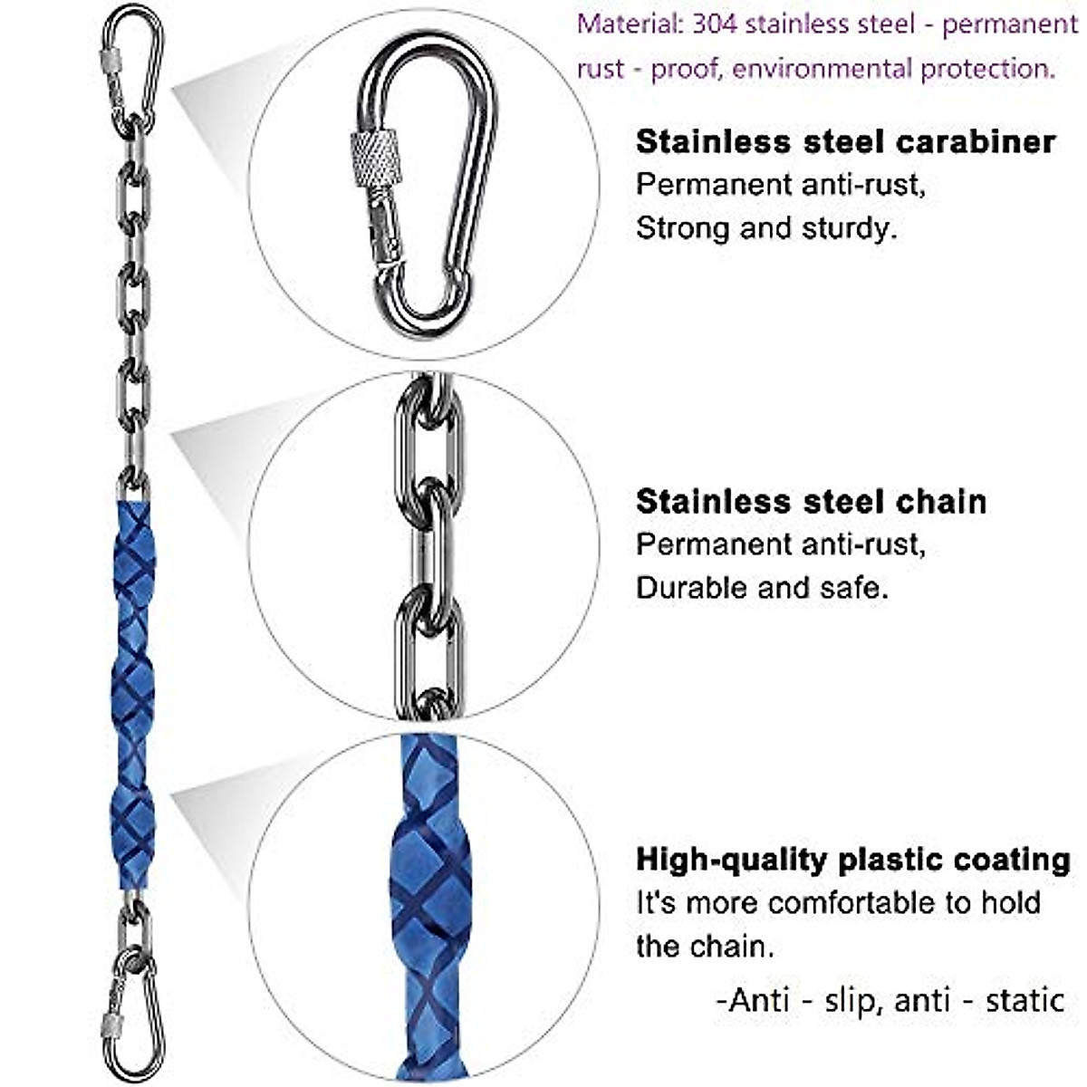 Dakzhou 64inch Stainless Steel 304 Permanent Rust Chain (2)+ 4 Free Quick Links, 1000LB Load Bearing, for Swing, Yoga, Hammock, sandbag Suspension.