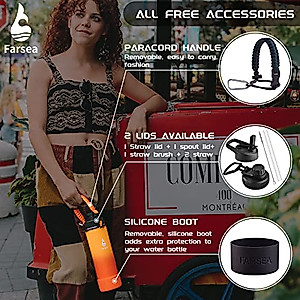 Farsea Insulated Water Bottle With Paracord Handle, Protective Silicone Boot and 2 Lids (Straw Lid & Spout Lid), Stainless Steel Water Bottle Wide Mouth, Double Wall Sweat-Proof BPA-Free, 24 oz