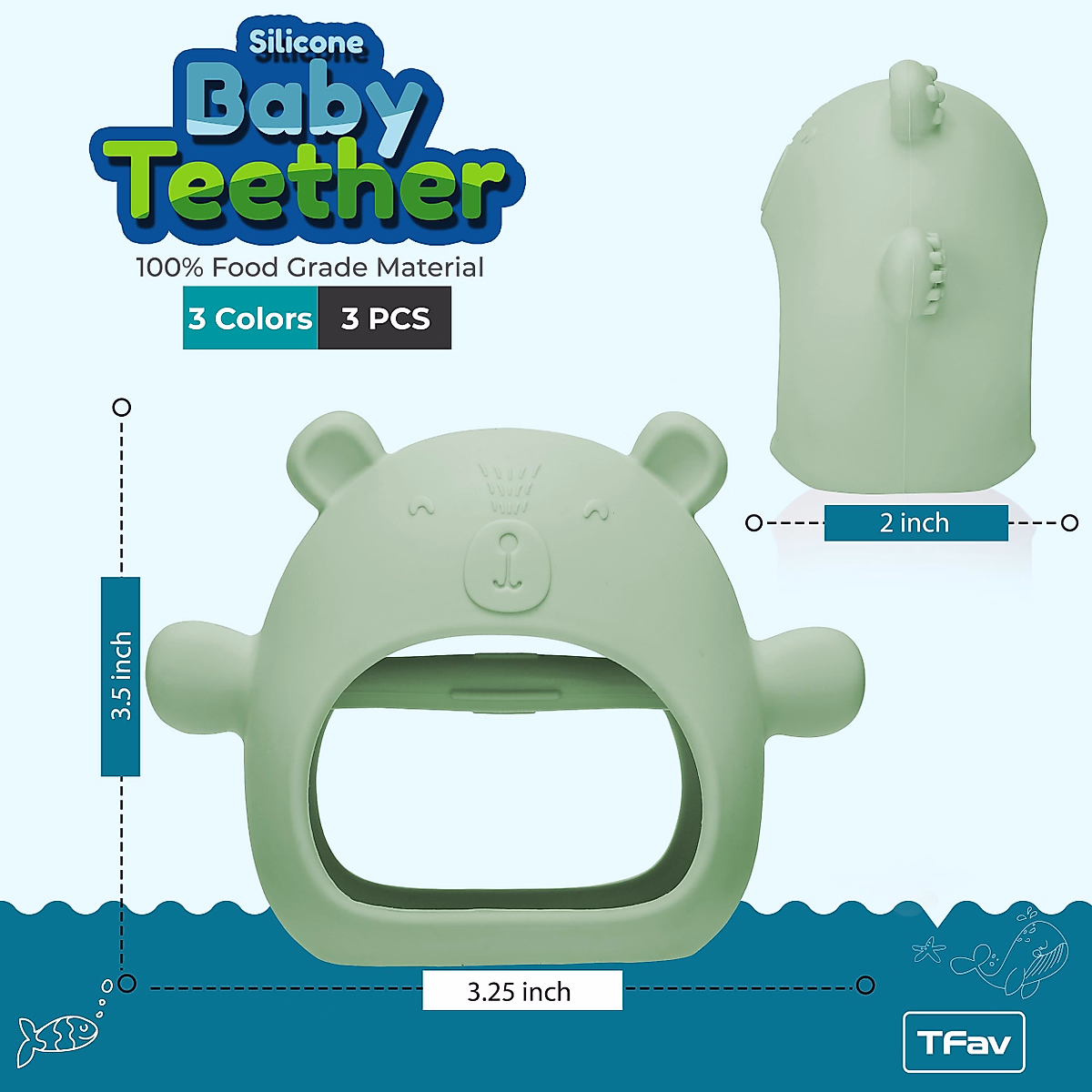 TFav Baby Bear hand Teether -3 pc Blue, Brown & Green -Silicone Teething mitt for 0-6 Months Boys -Hand Pacifier That Fits on Fist -Wearable Gloves Chew Toy -Calm Down The Fussy Baby