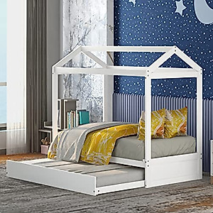 House Bed with Trundle for Kids and Toddlers, Wood Twin Size House Bed Frame, Can Be Decorated, White