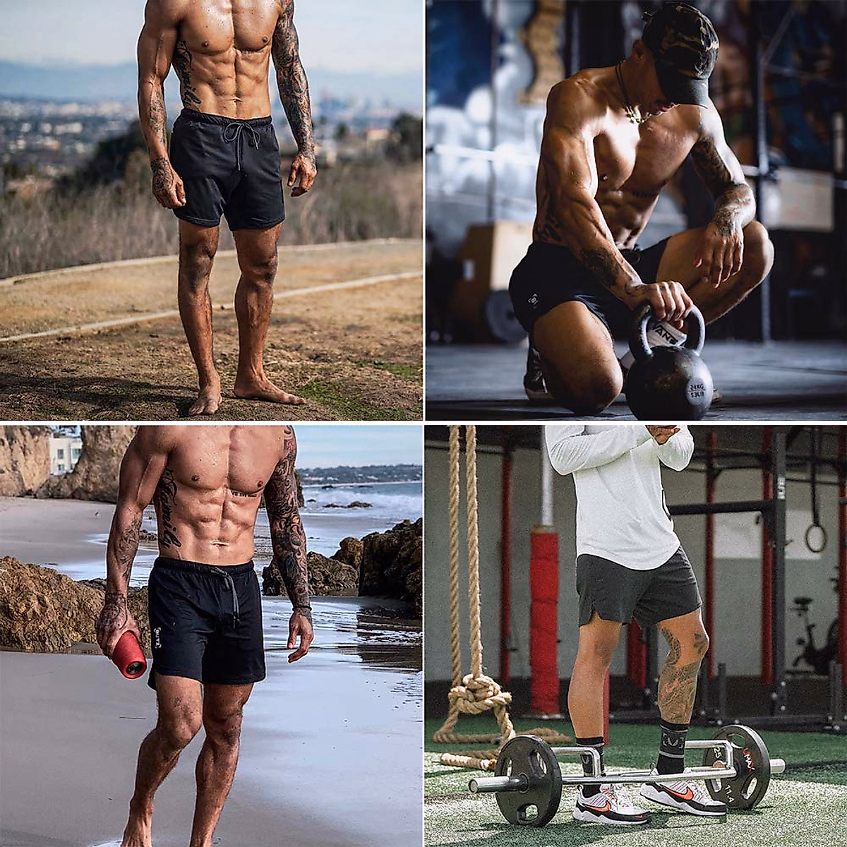 HANERDUN Men 2 in 1 Workout Running Athletic Shorts Sport Pants with Pocket Black