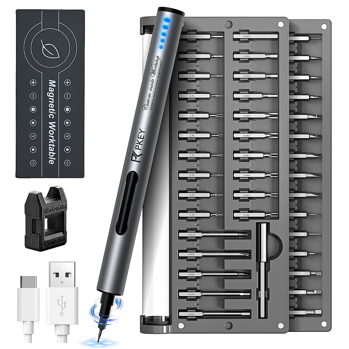 PKEY Cordless Electric Screwdriver，Electric Screwdriver Kit with 55 Magnetic Precision Bits ，2 Torque Settings，3 LED Light, Ideal For Computer, Bookcase, Bicycle，Watch
