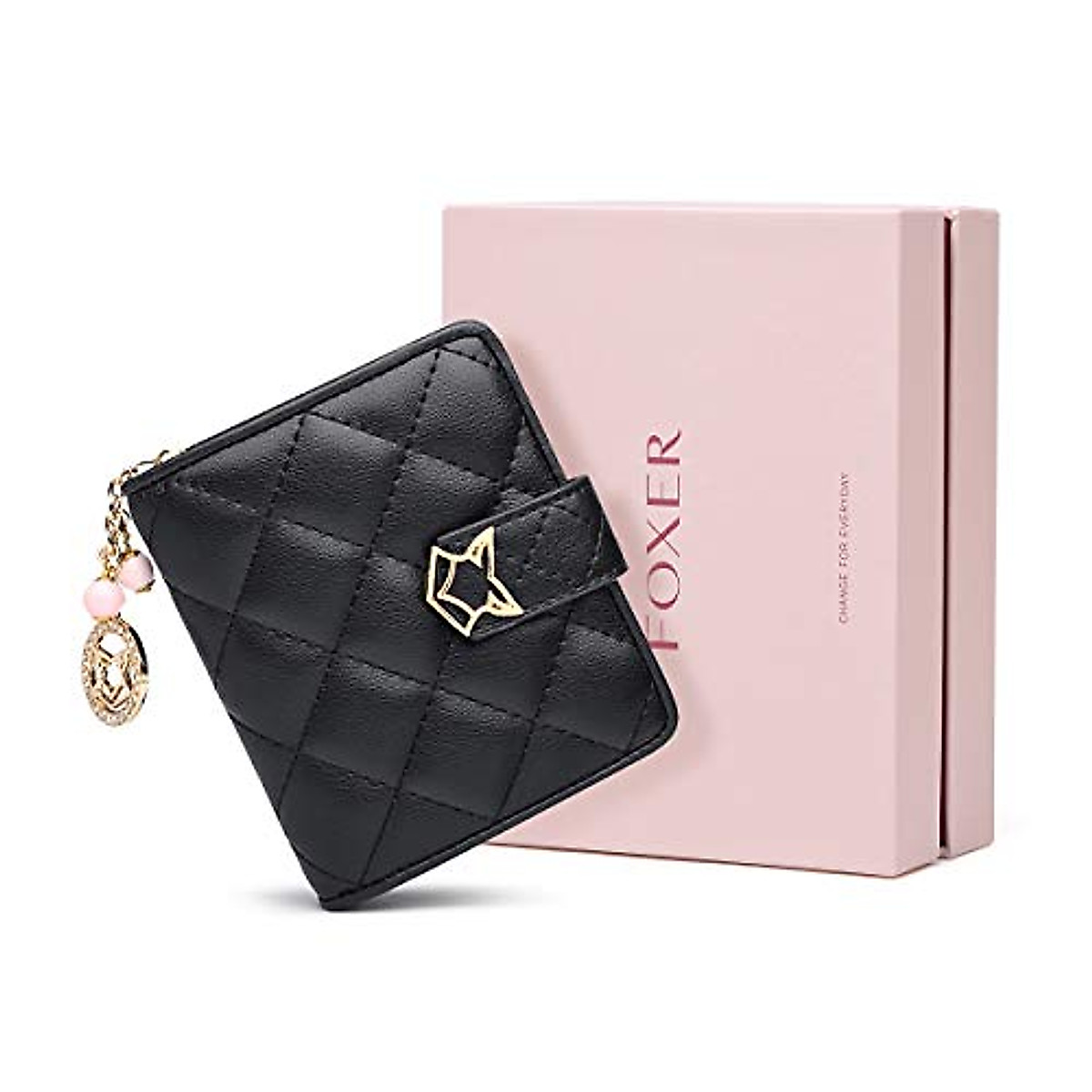 Small Leather Wallets for Women, Genuine Leather Gift Box Packing Ladies Mini Quilted Designer Purses Women's Fashion Checkered Bifold Wallet Girls Compact Accordion Wallet Credit Card Holders (Black)