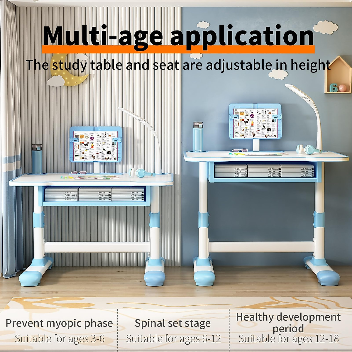 pofluany Height Adjustable Kids Desk and Chair Set, Kids Functional Desk and Chair Set for Kids, Children Study Desk, Study Table for Kids Boys Girls School Study Table for Writing Reading Blue