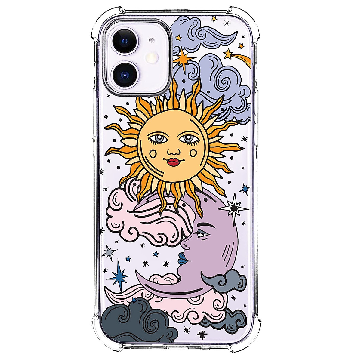 HEYORUN Sun Moon Design Clear Case Compatible for iPhone 12 Pro and iPhone 12, Star Cloud Girls and Women Back Case Cover, Cute Cartoons Transparent Soft TPU Bumper Shockproof Protective Phone Case