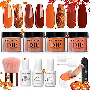 AZUREBEAUTY Dip Powder Nail Kit Starter, Orange Brown Glitter, 4 Fall Pumpkin Maple Dark Colors Set, French Halloween Nail Art Base Top Coat Activator Essential Liquid Manicure DIY Salon 12 PCS