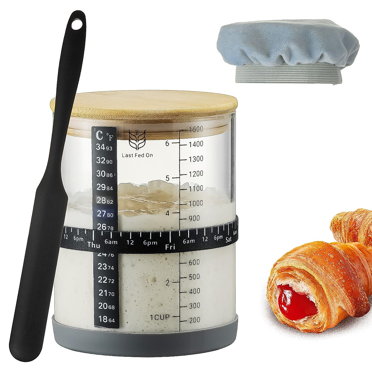 Sourdough Starter Jar,50oz Wide-Mouth with Non-slip silicone rubber Bottom Sourdough Starter Kit,Date Marked Feeding Band, Thermometer, Cloth Cover & Bamboo Lid, Reusable Sourdough Bread Baking