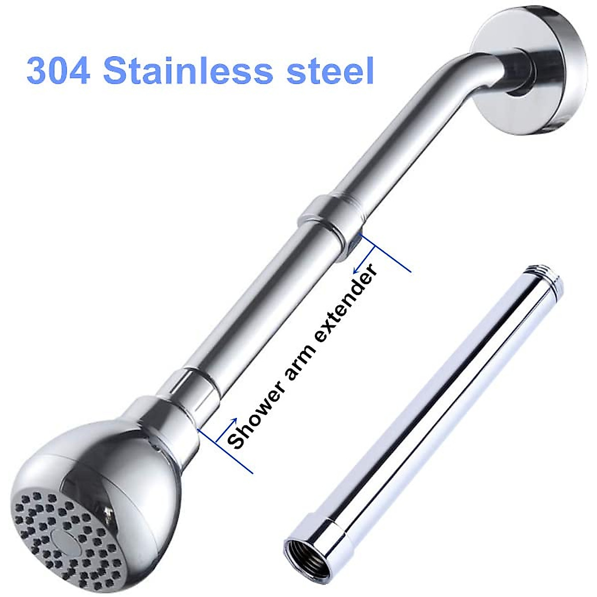 JR 4 inch 1/2" Shower Arm Extension, Shower Head Extension Arm, Shower Extender Arm - 304 Stainless Steel with Brass Connector - Polished Chrome Finish