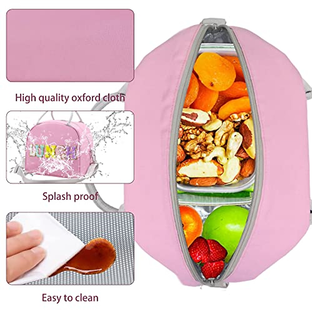 Lunch Box for Women, Large Insulated Lunch Box for Girls, Personalized Preppy Lunch Box for Adults with Adjustable Shoulder Straps,lunch Bag Women with Chenille Letters for Kids（Pink-lunch)