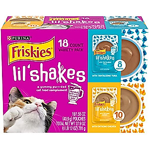 Friskies Purina Pureed Cat Food Topper Variety Pack, Lil' Shakes with Chicken and with Tuna Varieties - (2 Packs of 18) 1.55 oz. Pouches