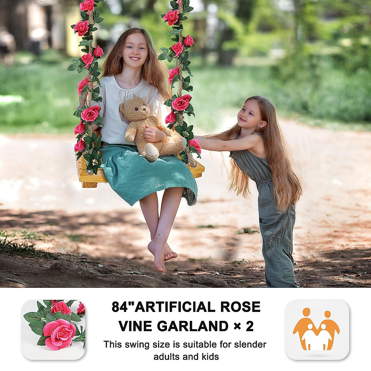 Premkid Wooden Swing, Swing Seat 18"x 8"x 1.4", Tree Swing for Adults and Kids, Indoor Swing with Rose Garland, Adjustable Hemp Rope Plus Tree Straps 100 inch, Swing Set for Indoor Outdoor