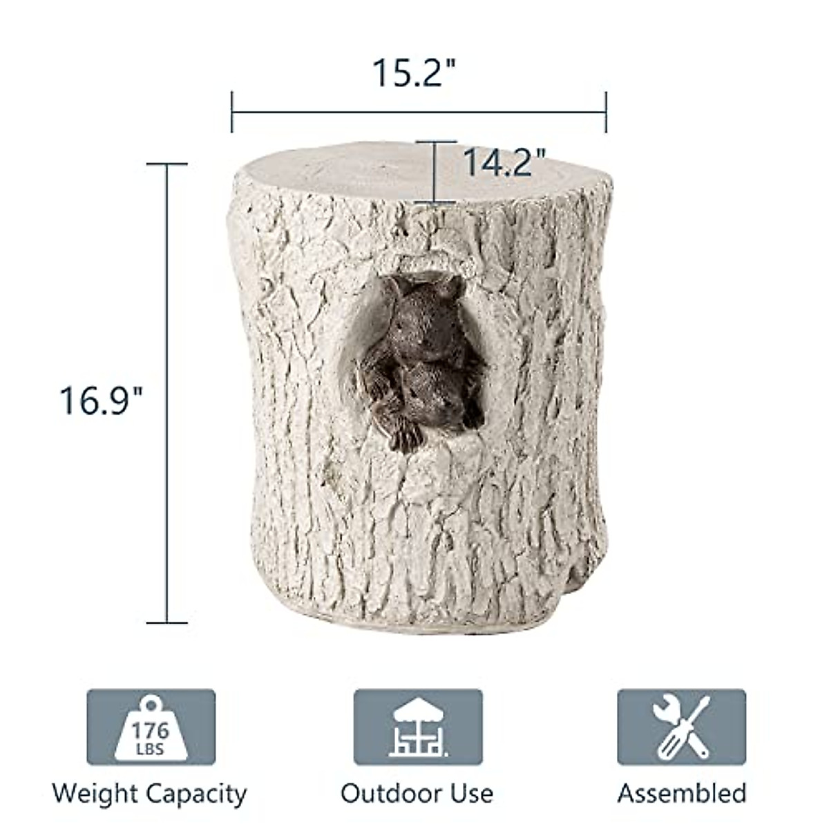 COSIEST Outdoor Antique Beige Side Table Faux Wood, Hand-Painted Wood Stump Stool w Sculpted Squirrel, Outdoor Accent Table, Ottomans, Plant Stand, Deck or Garden