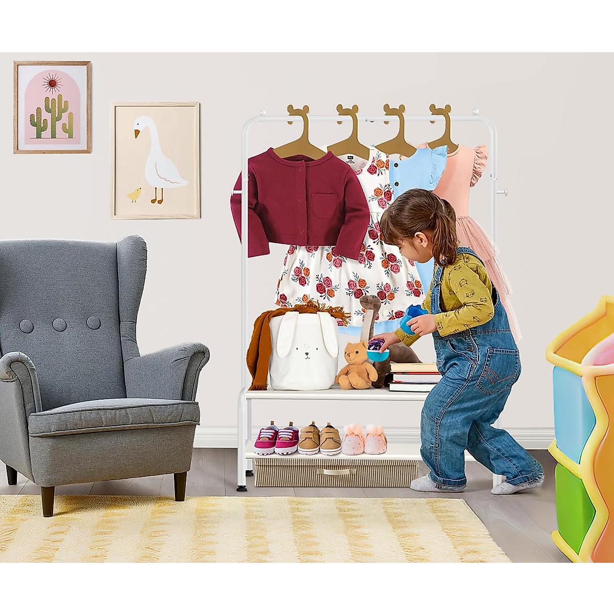 Kids Clothing Rack - Kids Dress Up Clothes Storage Racks - Baby Toddler Clothes Rack - Small Kids Costume Wardrobe Rack with 2 Fabric Floors Storage Shelf - Mini Short Kids Clothing Garment Rack