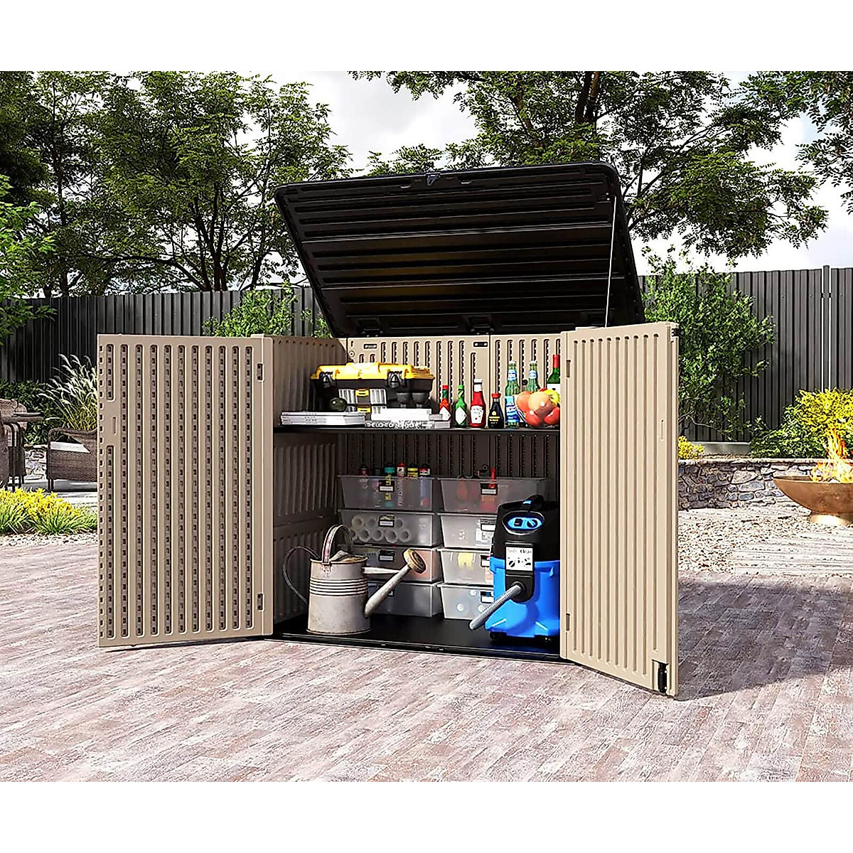 HOMSPARK Storage Shed Weather Resistance, Multi-Purpose Outdoor Storage Cabinet for Backyards and Patios, Horizontal Storage Shed for Lawnmower, Patio Accessories (Coffee, X Large - 48 cu.ft)