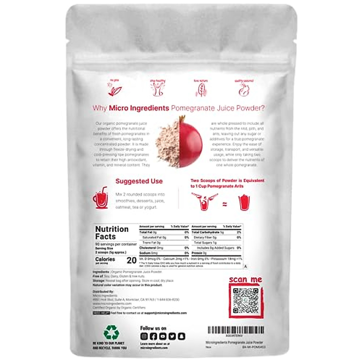 Organic Pomegranate Juice Powder, 1 Pound | 100% Natural Fruit Powder | Freeze Dried & Cold Pressed | No Sugar & Additives | Great Flavor for Drinks, Smoothie, & Beverages | Non-GMO & Vegan Friendly