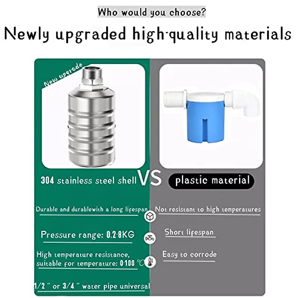 Automatic Water Level Control Valve Float Valve, 1/2" 3/4'' Auto Fill Shut off Water Tank Float Ball Valve, 304 Stainless Steel Float Valve for Water Tank (1/2''Male Thread)