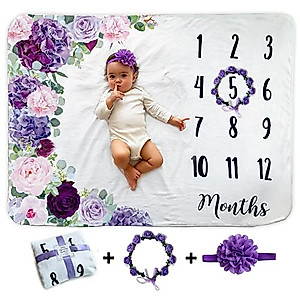 Baby Monthly Milestone Blanket | Includes Floral Wreath & Headband | 1 to 12 Months | Extra Soft Fleece | Best Photography Backdrop Photo Prop for Newborn | Baby Girl