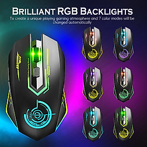 UHURU Wireless Gaming Mouse Up to 10000 DPI, Rechargeable USB Wireless Mouse with 6 Buttons 7 Changeable LED Color Ergonomic Programmable MMO RPG for PC Laptop, Compatible with Windows Mac