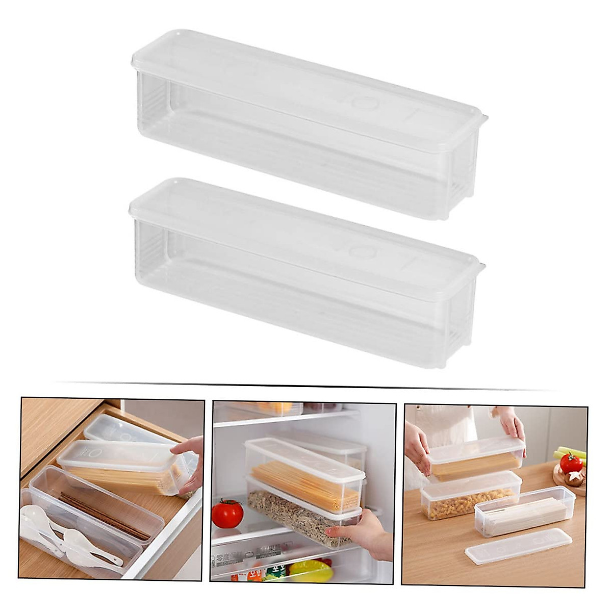 KICHOUSE 2Pcs Airtight Rectangular Pasta Noodle Storage Boxes Sealed Grains Canisters for Pantry and Refrigerator Organization for Spaghetti and Food Storage