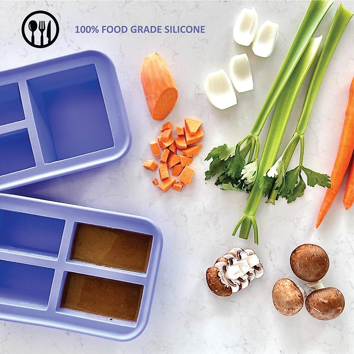 FOODBLOX by TWO2s 2 pk Silicone Freezer Molds with Lid. 3 & 4 Cavity Silicone Container. For Food Storage Cubes, Soup Cubes, Freezer Meal Containers, Silicone Baby Food Freezer Storage Tray