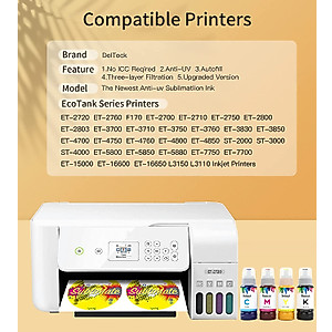 DelTeck Autofill Syringe-Free 4x100ML Sublimation Ink for EcoTank Printers F170 ET-2800 ET-2803 ET-2850 ET-2720 ET-2760 ET-3710 ET-3760 ET-4700 ET-4760 ET-4800 ET-15000 ET-7710 (Anti-UV/ICC-Free)