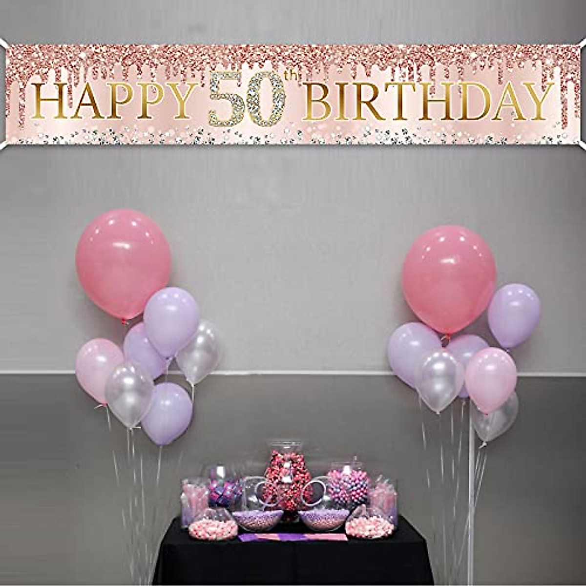 50th Birthday Banner Decorations for Women, Pink Rose Gold Happy 50 Birthday Sign Party Supplies, Large Fifty Year Old Birthday Decor for Outdoor Indoor(9.8x1.6ft)