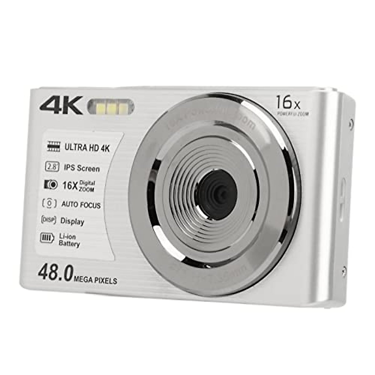 Compact Camera, 48MP Image Resolution Built in Fill Light Compatible 256GB Memory Card Rechargeable Lithium Ion Battery 4K Digital Camera for(Silver)